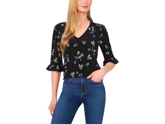 (取寄) シーシー レディース V-ネック エルボー ラッフルド スリーブ ニット トップ CeCe women V-Neck Elbow Ruffled Sleeve Knit Top Rich Black