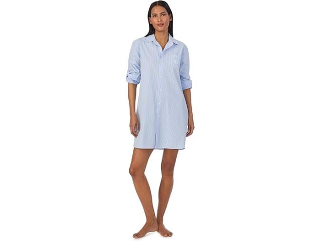 (取寄) ローレン ラルフローレン レディース ロング スリーブ ロール タブ ヒズ シャツ スリープシャツ Lauren Ralph Lauren women Long Sleeve Roll Tab His Shirt Sleepshirt Blue Stripe