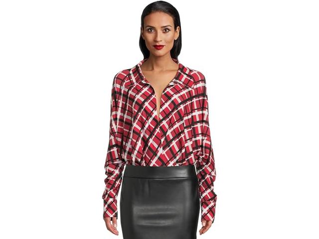 (取寄) ノーマ カマリ レディース スーパー オーバーサイズ ボーイフレンズ ネック シャツ ボディスーツ Norma Kamali women Super Oversized Boyfriend Neck Shirt Bodysuit Red Bias Plaid
