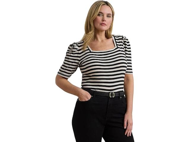 (取寄) ローレン ラルフローレン レディース プラス サイズ ストライプド コットン ジャージ パフスリーブ ティー Lauren Ralph Lauren women Plus Size Striped Cotton Jersey Puff-sleeve Tee Black/Mascarpone Cream