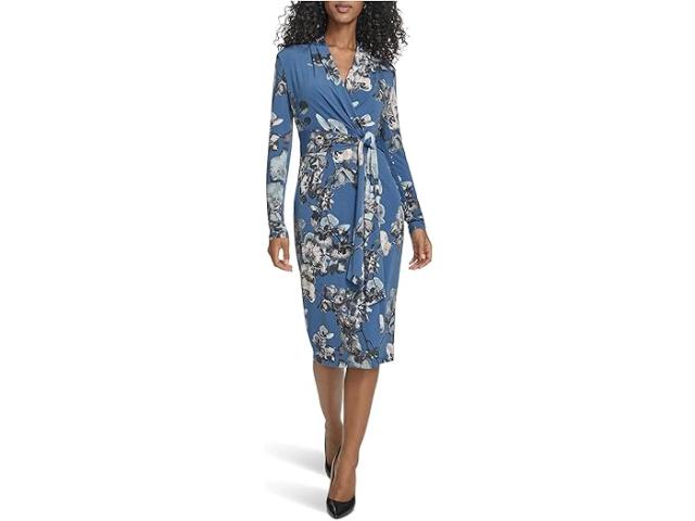 (取寄) カルバンクライン レディース スリーブ フローラル ジャージ Aライン   women Ong Sleeve Floral Jersey Aline Vintage Indigo/Khaki Multi