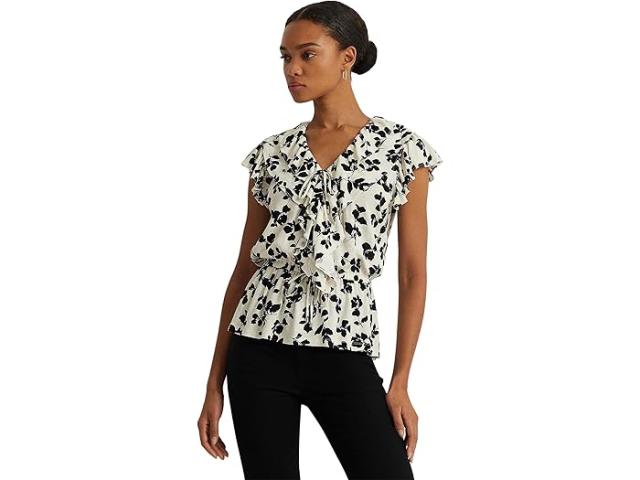 (取寄) ローレン ラルフローレン レディース リーフ-プリント フリルトリム ジャージ ペプラム トップ Lauren Ralph Lauren women Leaf-Print Ruffle-Trim Jersey Peplum Top Cream/Black