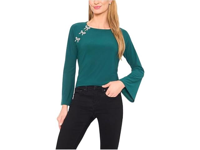 (取寄) シーシー レディース パール ボウ アップリケ ロング スリーブ ニット トップ CeCe women Pearl Bow Applique Long Sleeve Knit Top Darkforest