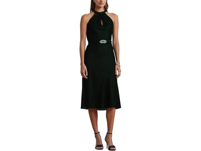 (取寄) ローレン ラルフローレン レディース ベルテッド ベルネット ホルター ドレス Lauren Ralph Lauren women Belted Velvet Halter Dress Emerald Green Velvet