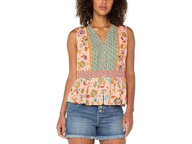 (取寄) リバプールロサンゼルス レディース スリーブレス ウーブン トップ ウィズ スモック ウェスト Liverpool Los Angeles women Sleeveless Woven Top With Smocked Waist Pink Green Multi Floral