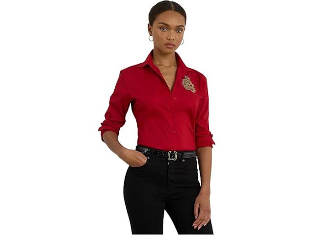 (取寄) ローレン ラルフローレン レディース クラシック フィット ロゴ コットンブレンド シャツ Lauren Ralph Lauren women Classic Fit Logo Cotton-Blend Shirt Ralph Red