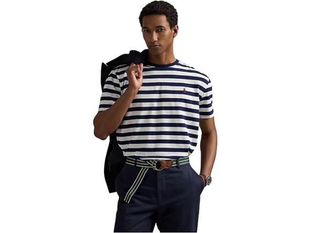 (取寄) ラルフローレン メンズ ショート スリーブ ストライプド クルー ネック T-シャツ Polo Ralph Lauren men Short Sleeve Striped Crew Neck T-Shirt White/Cruise Navy