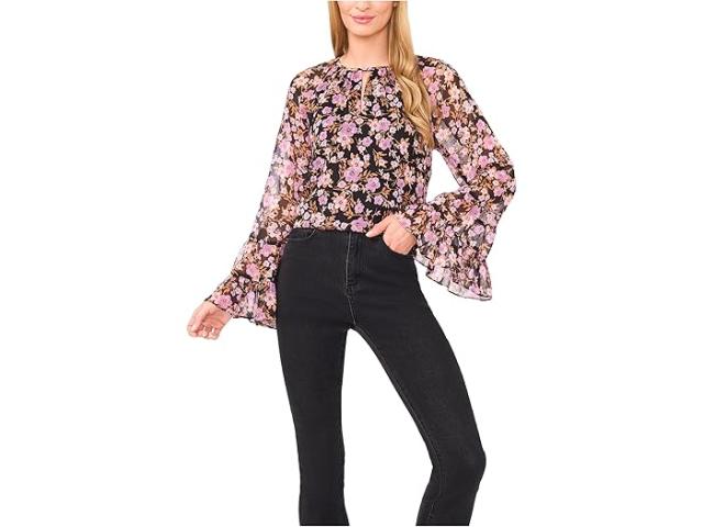 (取寄) シーシー レディース ティアード フラウィー ロング スリーブ キーホール ブラウザ CeCe women Tiered Flowy Long Sleeve Keyhole Blouse Rich Black