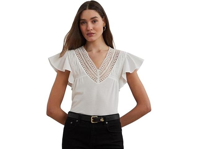 (取寄) ローレン ラルフローレン レディース レーストリム ジャージ フラッタースリーブ ティー Lauren Ralph Lauren women Lace-trim Jersey Flutter-sleeve Tee White