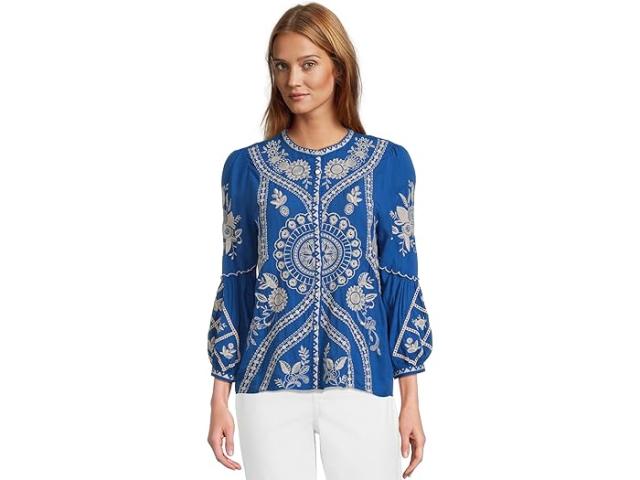 (取寄) ジョニー ワズ レディース スカルプ スリーブ ブラウザ - ブリンリー Johnny Was women Scallop Sleeve Blouse - Brynlee Cobalt