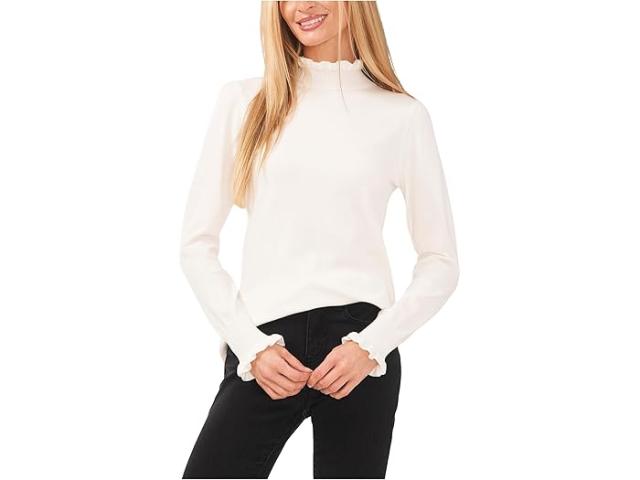 (取寄) シーシー レディース モック ネック ラッフル カフ セーター CeCe women Mock Neck Ruffle Cuff Sweater Antique White