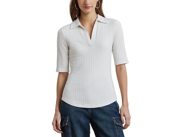 (取寄) ローレン ラルフローレン レディース ピティート リブ-ニット エルボー-スリーブ ポロ ティー Lauren Ralph Lauren women Petite Rib-Knit Elbow-Sleeve Polo Tee White