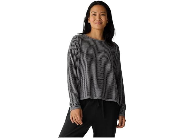 (取寄) アイリーン フィッシャー レディース ストライプド コージー ブラッシュ テリー ラウンド ネック クロップド ボックス トップ Eileen Fisher women Striped Cozy Brushed Terry Round Neck Cropped Box Top Black