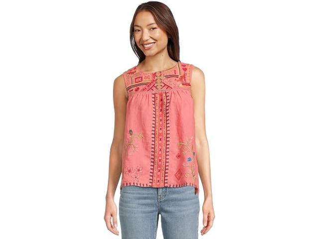 (取寄) ジョニー ワズ レディース リラックスド-フィット ヨーク タンク Johnny Was women Relaxed Yoke Tank Sugar Coral