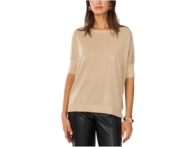 (取寄) ヴィンスカムート レディース 3/4 スリーブ ワイド クルー ネック W/ オールオーバー ルレックス Vince Camuto women 3/4 Sleeve Wide Crew Neck w/ Allover Lurex Glow Gold