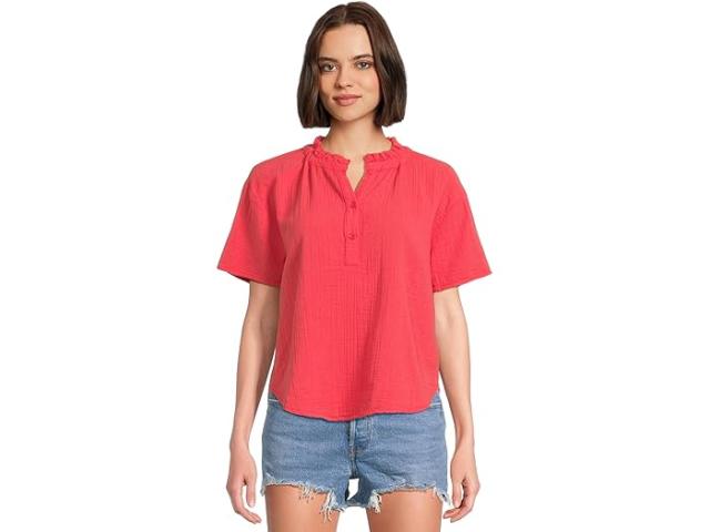 (取寄) モッドオードック レディース ショート スリーブ ラッフル ネック ヘンリー トップ Mod-o-doc women Short Sleeve Ruffle Neck Henley Top Glazed Cherry