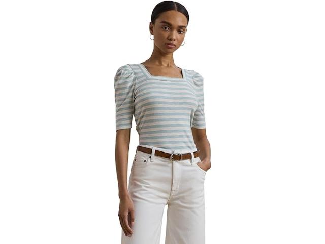 (取寄) ローレン ラルフローレン レディース ピティート ストライプド コットン ジャージ パフスリーブ ティー Lauren Ralph Lauren women Petite Striped Cotton Jersey Puff-sleeve Tee Aqua Pearl/Mascarpone Cream