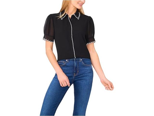 (取寄) シーシー レディース ショート スリーブ スカルプ コントラスト トリム ボタン アップ トップ CeCe women Short Sleeve Scallop Contrast Trim Button Up Top Rich Black