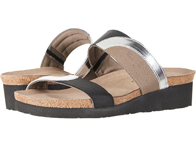 (取寄) ナオト レディース フランキー Naot women  Frankie Silver Mirror Leather/Gloss Black Stretch/Khaki Patina Elastic