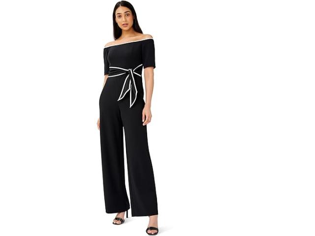 (取寄) アドリアナ パぺル レディース オフ-ザ-ショルダー ニット クレープ タイ ウェスト ジャンプスーツ Adrianna Papell women Adrianna Papell Off-the-Shoulder Knit Crepe Tie Waist Jumpsuit Black