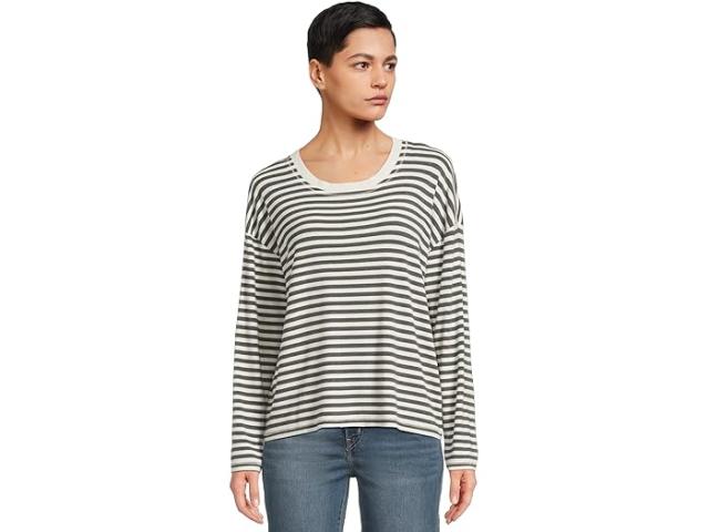 (取寄) モッドオードック レディース ロング スリーブ ドロップ ショルダー ボクシー クルー ネック ティー Mod-o-doc women Long Sleeve Drop Shoulder Boxy Crew Neck Tee Ivory/Charcoal Stripe