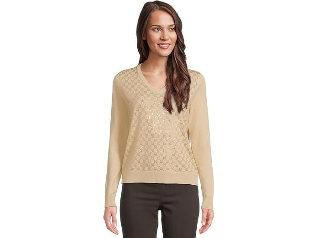 (取寄) エリオット ローレン レディース ポップ トップ - ロング スリーブ V-ネック セーター ウィズ クリスタルズ ディテール Elliott Lauren women Pop Top - Long Sleeve V-Neck Sweater with Crystals detail Almond