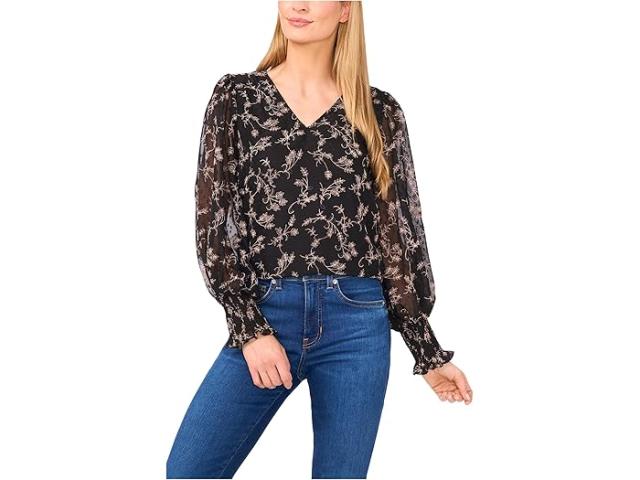 (取寄) シーシー レディース ロング スリーブ スモック カフ クリップ ドット トップ CeCe women Long Sleeve Smocked Cuff Clip Dot Top Rich Black