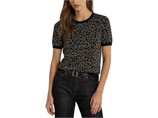 (取寄) ローレン ラルフローレン レディース メタリック オセロット ショートスリーブ セーター Lauren Ralph Lauren women llic Ocelot Short-Sleeve Sweater Black/Relic Gold Multi