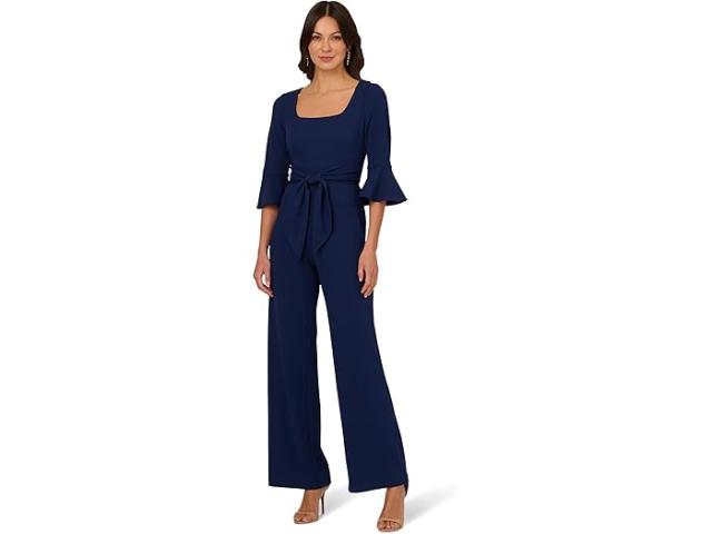(取寄) アドリアナ パぺル レディース ニット クレープ タイ フロント ジャンプスーツ Adrianna Papell women Knit Crepe Tie Front Jumpsuit Navy Sateen