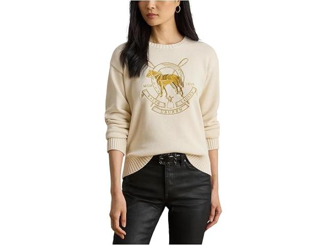 (取寄) ローレン ラルフローレン レディース エンブロイダー コットン クルー ネック セーター Lauren Ralph Lauren women Embroidered Cotton Crew Neck Sweater Mascarpone Cream