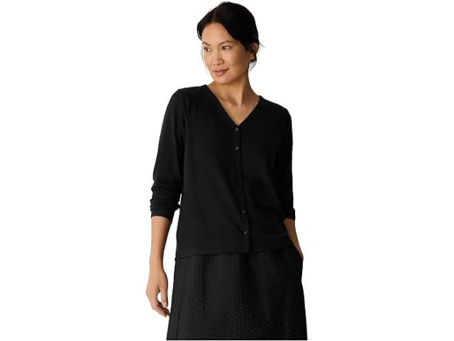 (取寄) アイリーン フィッシャー レディース ストレッチ ジャージ ニット V-ネック ボタン フロント トップ Eileen Fisher women Stretch Jersey Knit V-neck Button Front Top Black
