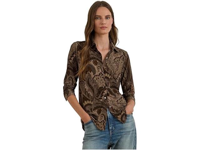 (取寄) ローレン ラルフローレン レディース スリム フィット ペイズリー ジャージ シャツ Lauren Ralph Lauren women Slim Fit Paisley Jersey Shirt Taupe Multi