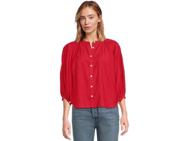 (取寄) メイドウェル レディース シャード クルーネック ボタンアップ トップ Madewell women Shirred Crewneck Button-up Top Cherry Red