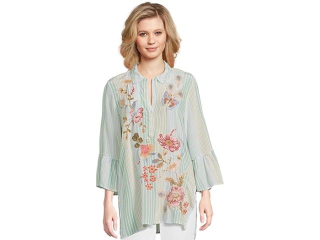 (取寄) ジョニー ワズ レディース ラッフル スリーブ ヘンリー チュニック - Johnny Was women Ruffle Sleeve Henley Tunic - Florrie Zilly Stripe