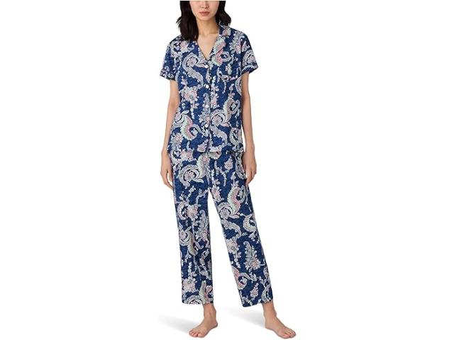 (取寄) ローレン ラルフローレン レディース ショート スリーブ ノッチ カラー クロップド パンツ Pj セット Lauren Ralph Lauren women Short Sleeve Notch Collar Cropped Pant PJ Set Navy Ground Paisley