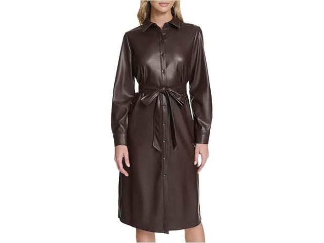 (取寄) カルバンクライン レディース プ レザー シャツドレス   women PU Leather Shirtdress Coffee Bean