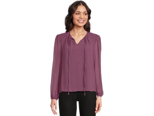 (取寄) ヴィンスカムート レディース ロング スリーブ ルーシュド ショルダー タイ ネック ブラウザ Vince Camuto women Long Sleeve Ruched Shoulder Tie Neck Blouse Sweet Plum
