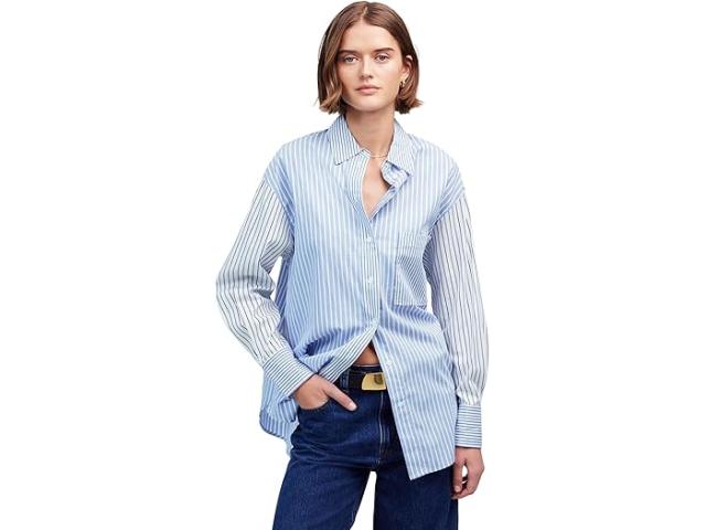(取寄) メイドウェル レディース ビッグ シャツ - ダブル ウィーブ ストライプ シャンブレー Madewell women Big Shirt - Double Weave Stripe Chambray Light Blue And White Stripe