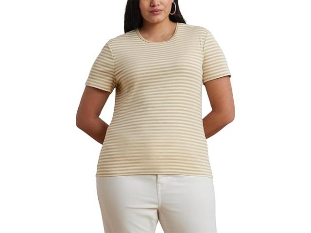 (取寄) ローレン ラルフローレン レディース プラス サイズ ストライプド ストレッチ コットン クルー ネック ティー Lauren Ralph Lauren women Plus Size Striped Stretch Cotton Crew Neck Tee Sand Dune/Mascarpone Cream