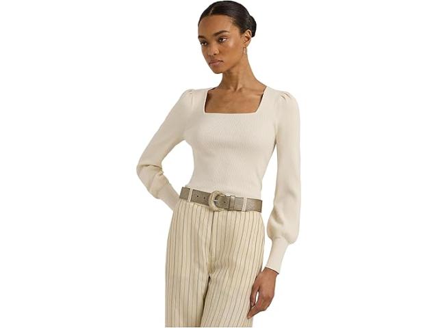 (取寄) ローレン ラルフローレン レディース リブ-ニット パフスリーブ セーター Lauren Ralph Lauren women Rib-Knit Puff-Sleeve Sweater Mascarpone Cream