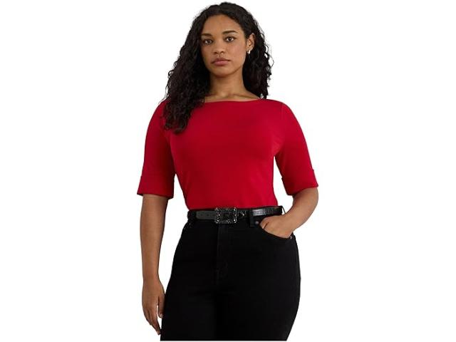 (取寄) ローレン ラルフローレン レディース プラス サイズ コットン ボート ネック T-シャツ Lauren Ralph Lauren women Plus Size Cotton Boat Neck T-Shirt Ralph Red