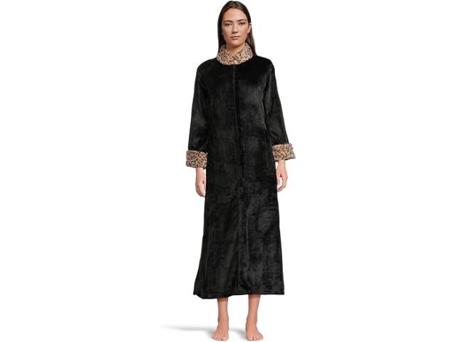 (取寄) N バイ ナトリ レディース プラッシュ リンクス マンダリン ジップ カフタン N by Natori women Plush Lynx Mandarin Zip Caftan Black