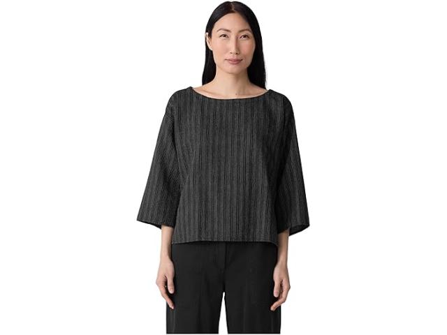 (取寄) アイリーン フィッシャー レディース コットン ブレンド ストライプ ステッチ バトウ ネック ボックス トップ Eileen Fisher women Cotton Blend Stripe Stitch Bateau Neck Box Top Black