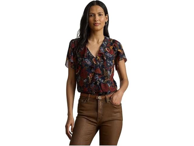 (取寄) ローレン ラルフローレン レディース フローラル フリルトリム ジョーゼット ブラウザ Lauren Ralph Lauren women Floral Ruffle-Trim ette Blouse Navy Multi