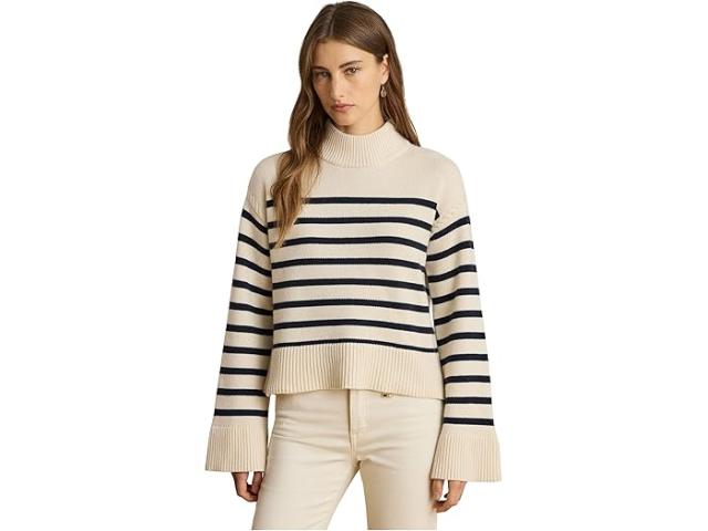 (取寄) ローレン ラルフローレン レディース ストライプド ウール-ブレンド モックネック セーター Lauren Ralph Lauren women Striped Wool-Blend Mockneck Sweater Mascarpone Cream/Lauren Navy