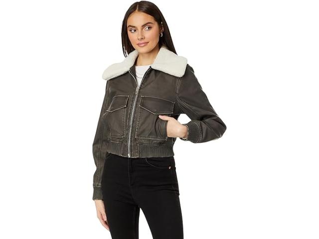 (取寄) ブランクニューヨーク レディース レザー ボンバー ウィズ シェルパ カラー Blank NYC women Leather Bomber with Sherpa Collar Night Crawler