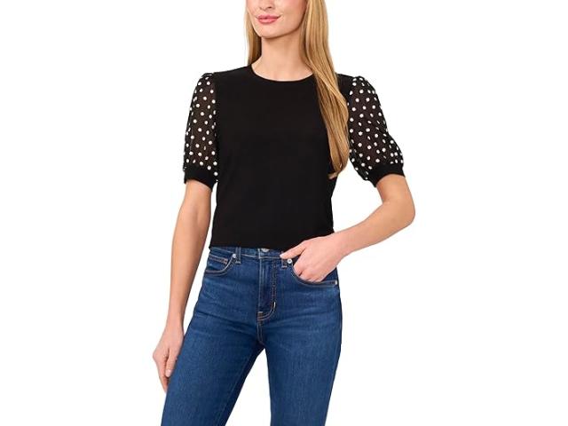 (取寄) シーシー レディース エンブロイダリー パフ スリーブ ミックスド メディア ニット トップ CeCe women Embroidery Puff Sleeve Mixed Media Knit Top Rich Black