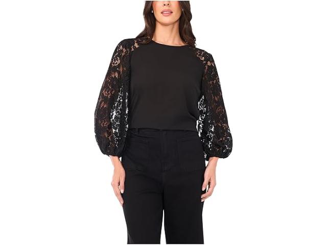 (取寄) ヴィンスカムート レディース クルー ネック レース スリーブ ロング スリーブ Vince Camuto women Crew Neck Lace Sleeves Long Sleeve Rich Black