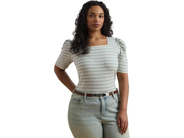 (取寄) ローレン ラルフローレン レディース プラス サイズ ストライプド コットン ジャージ パフスリーブ ティー Lauren Ralph Lauren women Plus Size Striped Cotton Jersey Puff-sleeve Tee Aqua Pearl/Mascarpone Cream