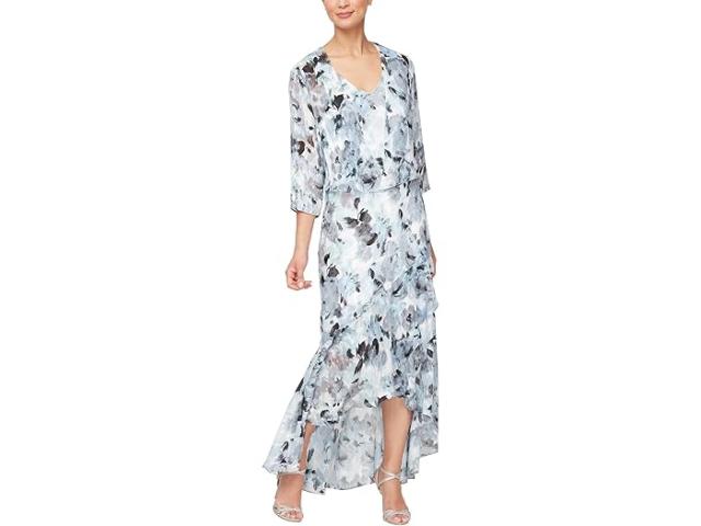 (取寄) アレックス イブニングス レディース ハイロ— シフォン バーンアウト ウィズ ジャケット Alex Evenings women High-Low Chiffon Burnout with Jacket Blue Multi